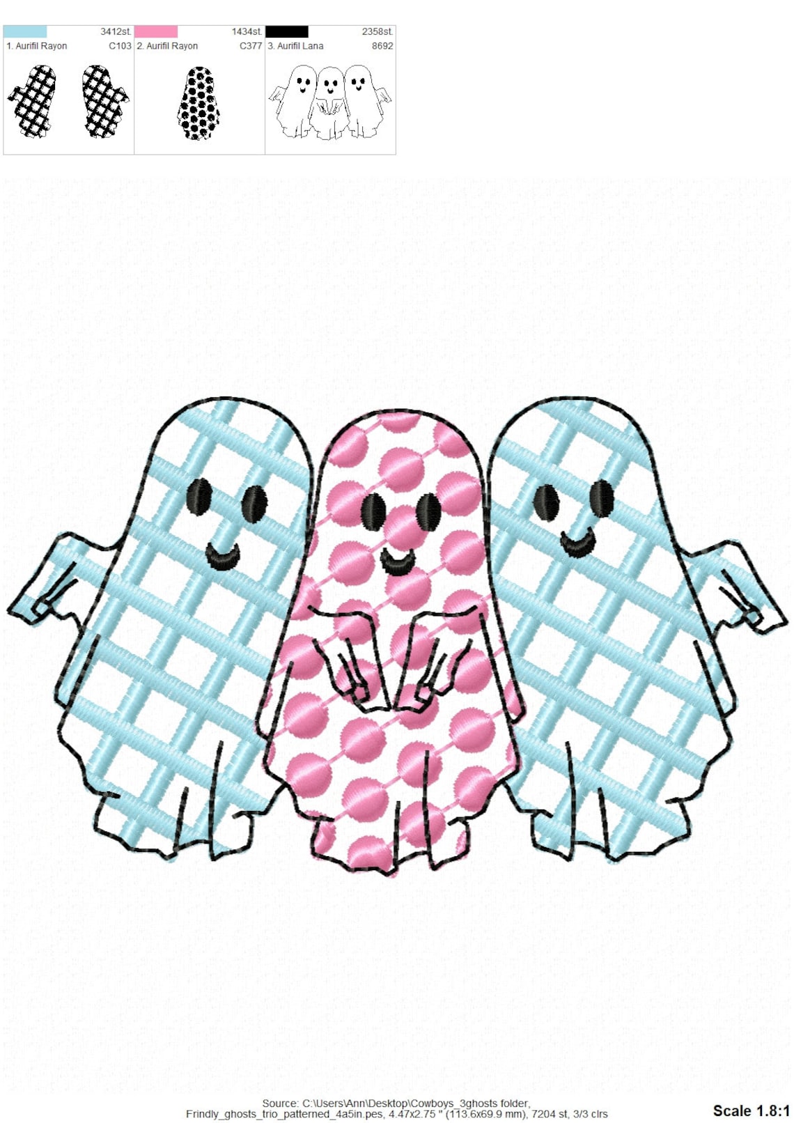 Trio Ghosts Light Stitch Machine Embroidery Design Ghost With Gingham ...