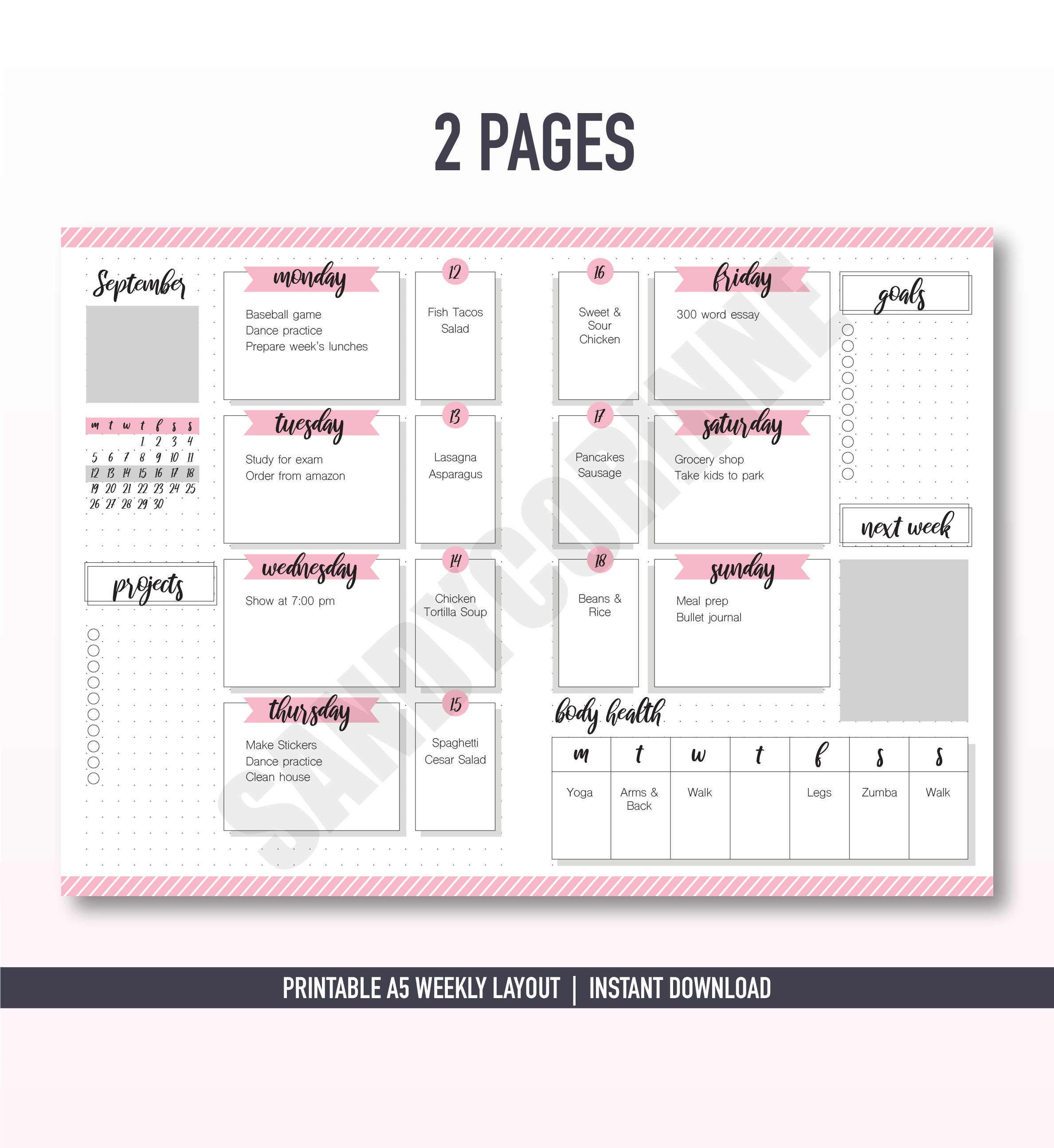 Pink Bullet Journal Weekly Printable Bullet Journal Weekly Layout A5 ...