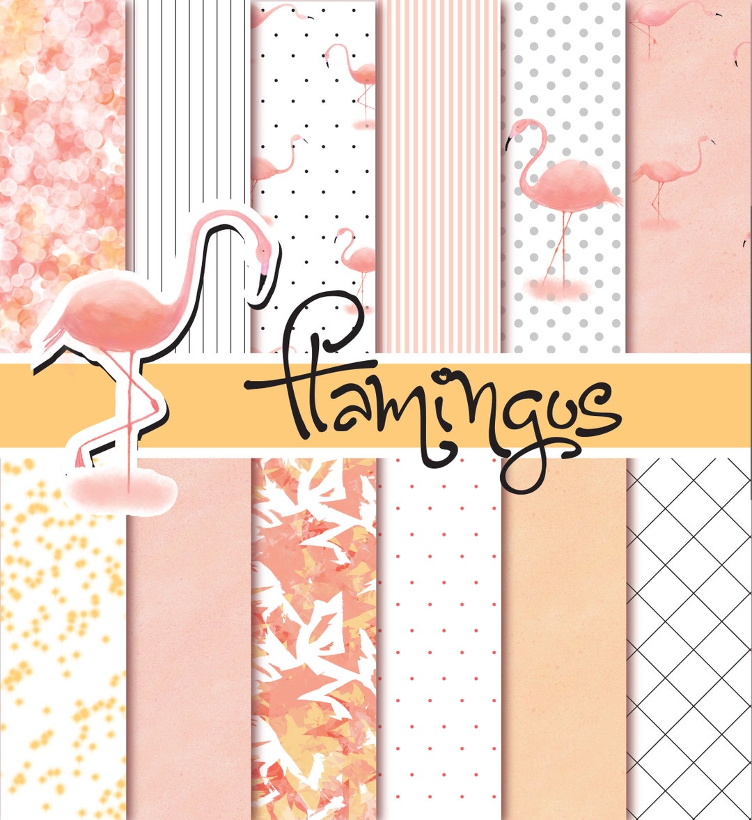 Flamingo Digital Paper, Stripe, Polka Dot, Printable, Digital Download ...
