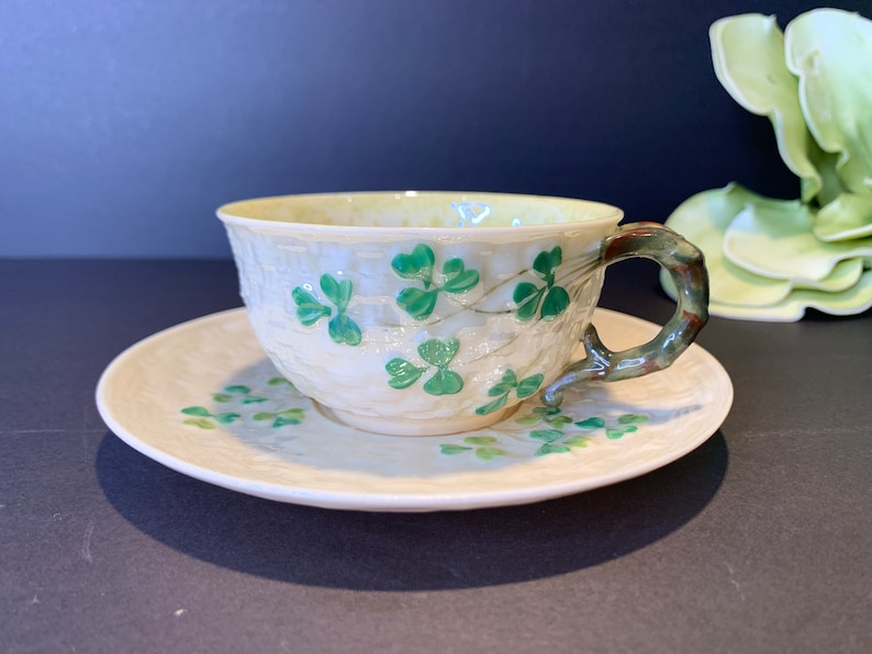 Antique Belleek Shamrock Cup & Saucer Black 2nd Mark Ireland Made 1890s ...