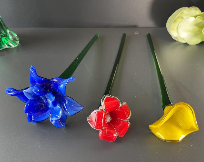 Set of 3 - 12" Long Stem Glass Flowers - Murano Style Hand Blown Art ...