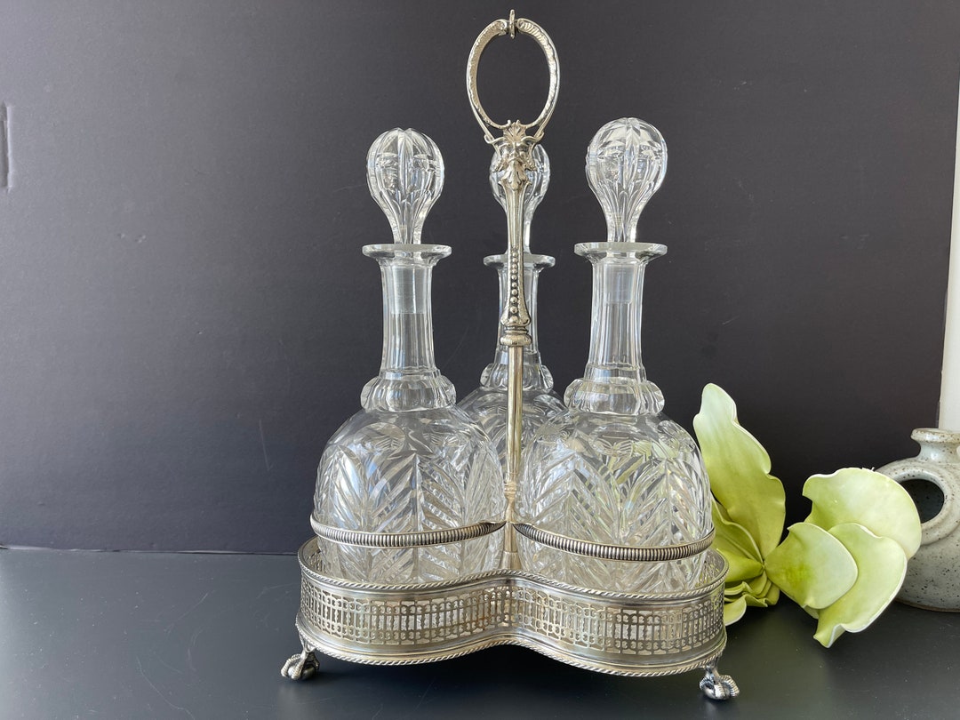 Antique 15" Three Decanter Set Crystal Glass in W & H Silver Plated ...