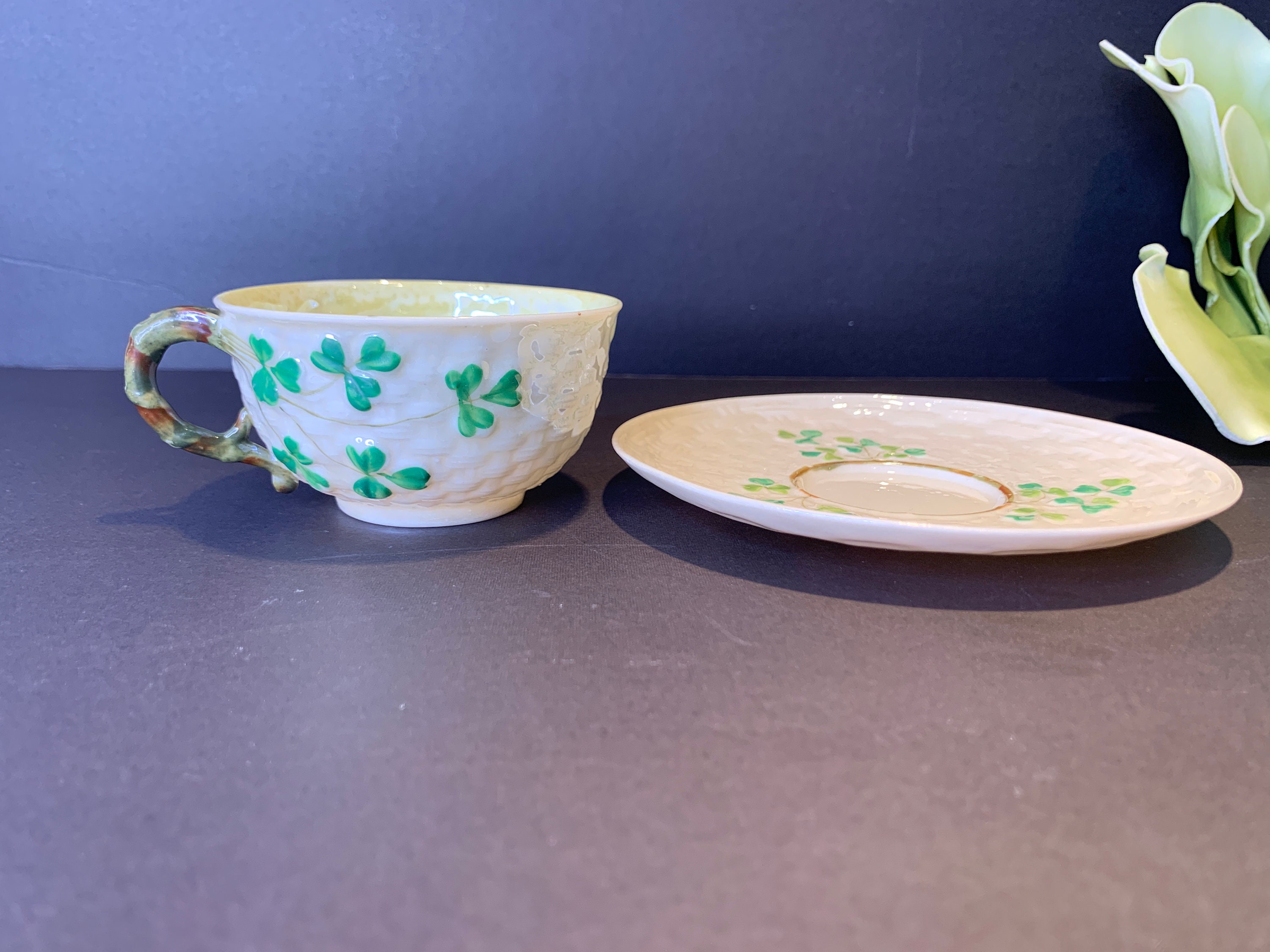 Antique Belleek Shamrock Cup & Saucer Black 2nd Mark Ireland Made 1890s ...