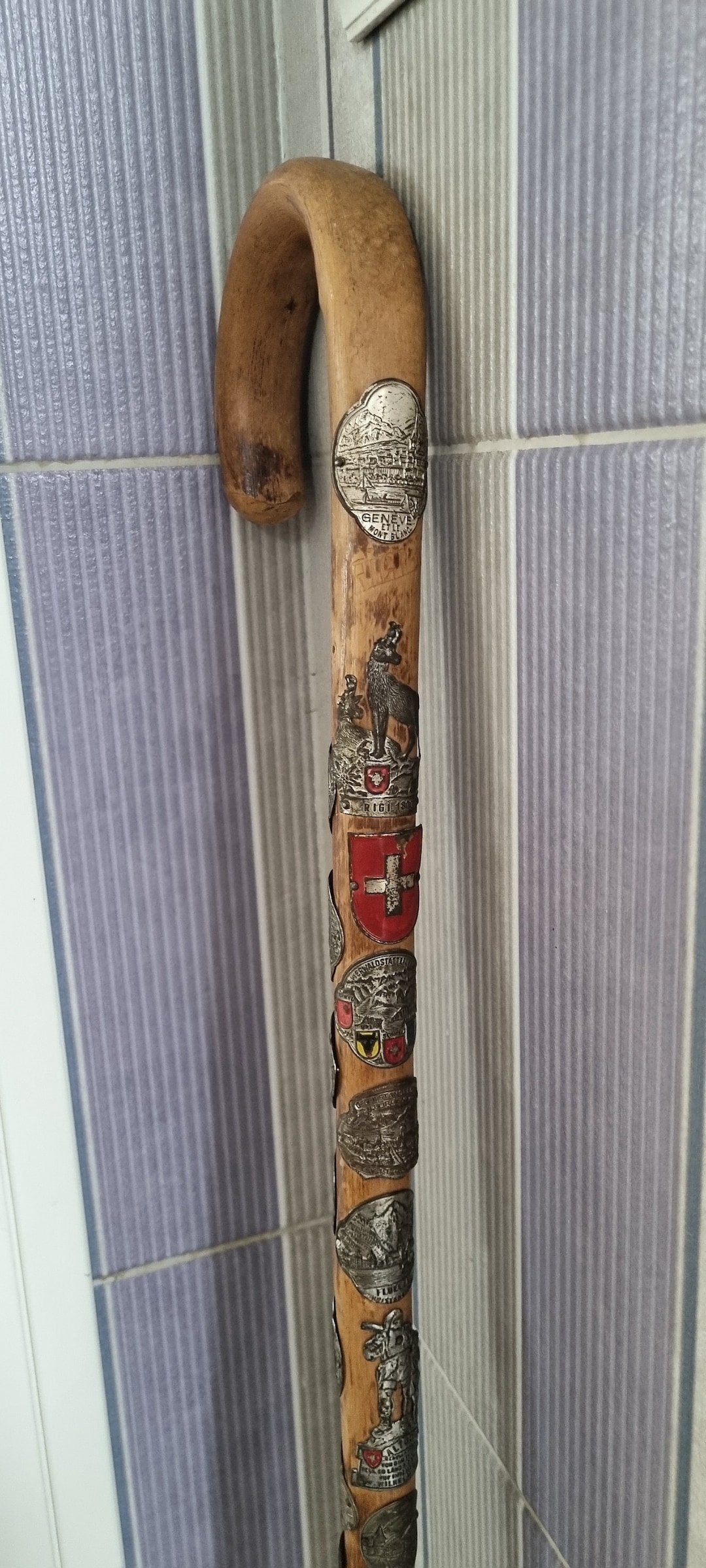 Vintage Swiss Cane, Old Wooden Cane, Cane With Metal Badges,antique ...