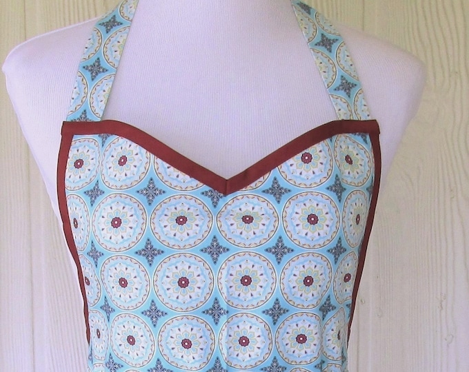 Retro Apron, 50's Style, Floral Medallion Apron, Blue and Burgundy ...