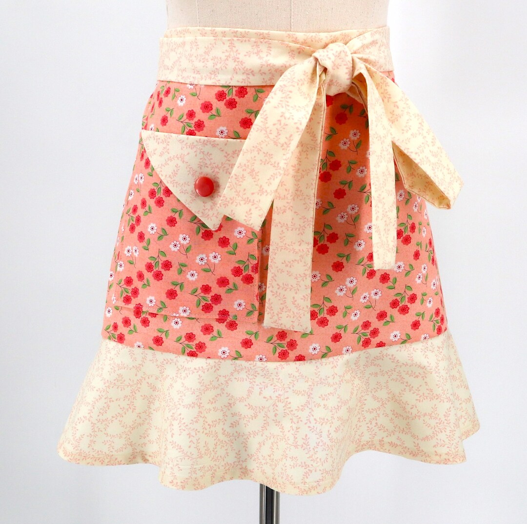 Floral Half Apron for Women, Coral Cottage Chic Waist Apron With Pocket ...