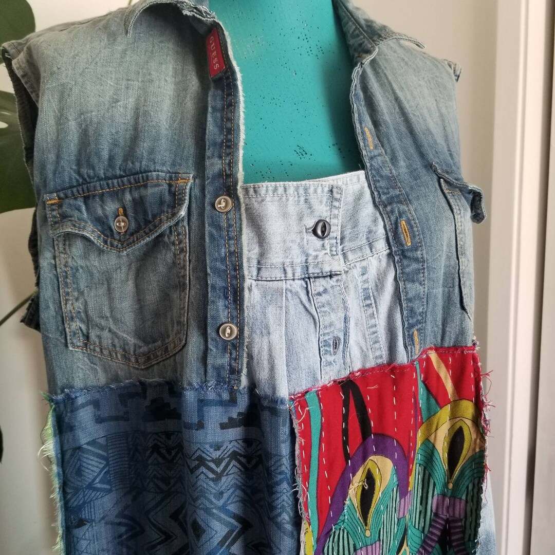 Upcycled Denim Patchwork Sun Dress Oversize Ruffle Vtg Kantha - Etsy