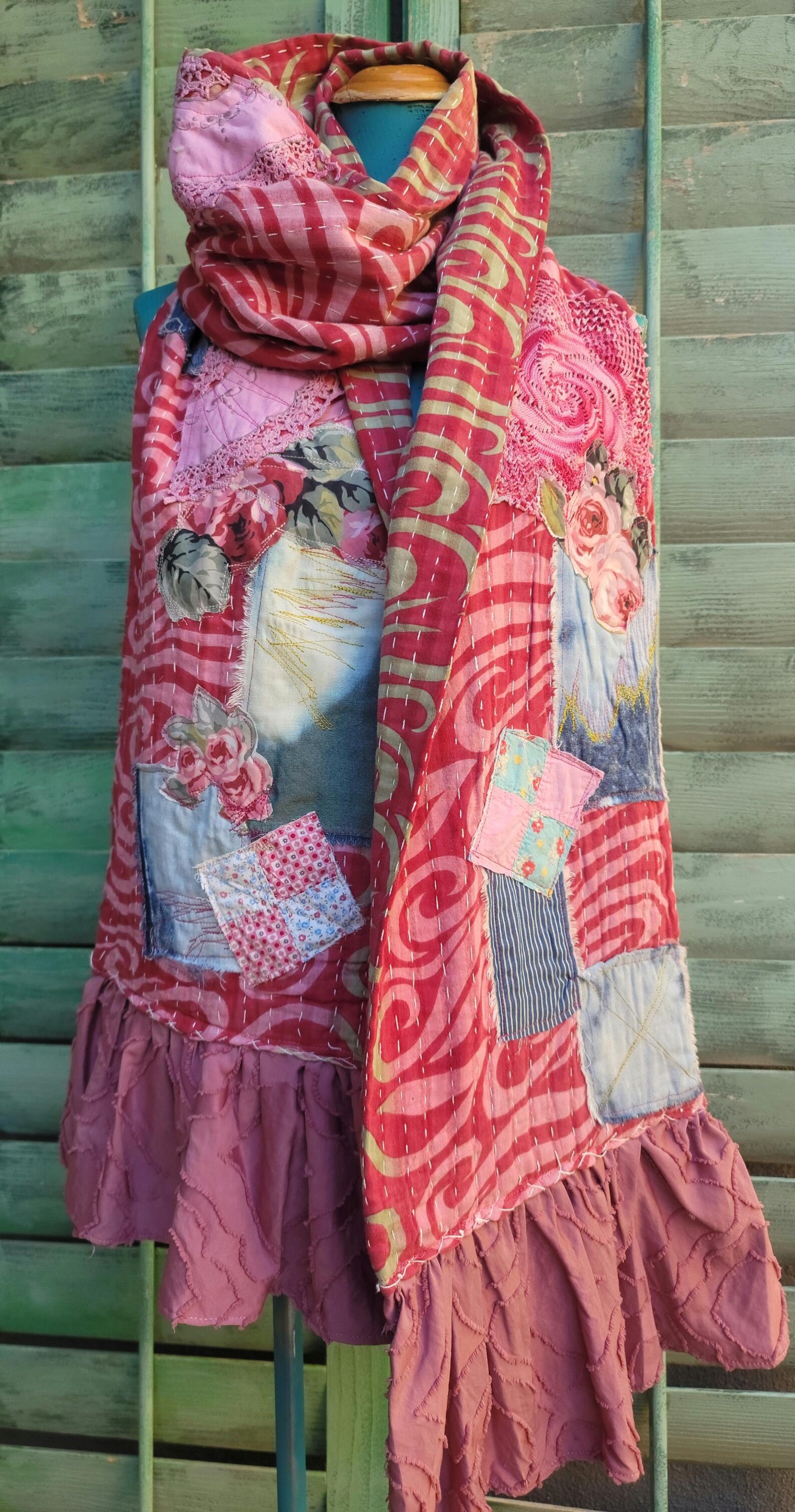 Kantha Patchwork Scarf: Upcycled Denim, Linen, Cotton Boho Shawl - Etsy