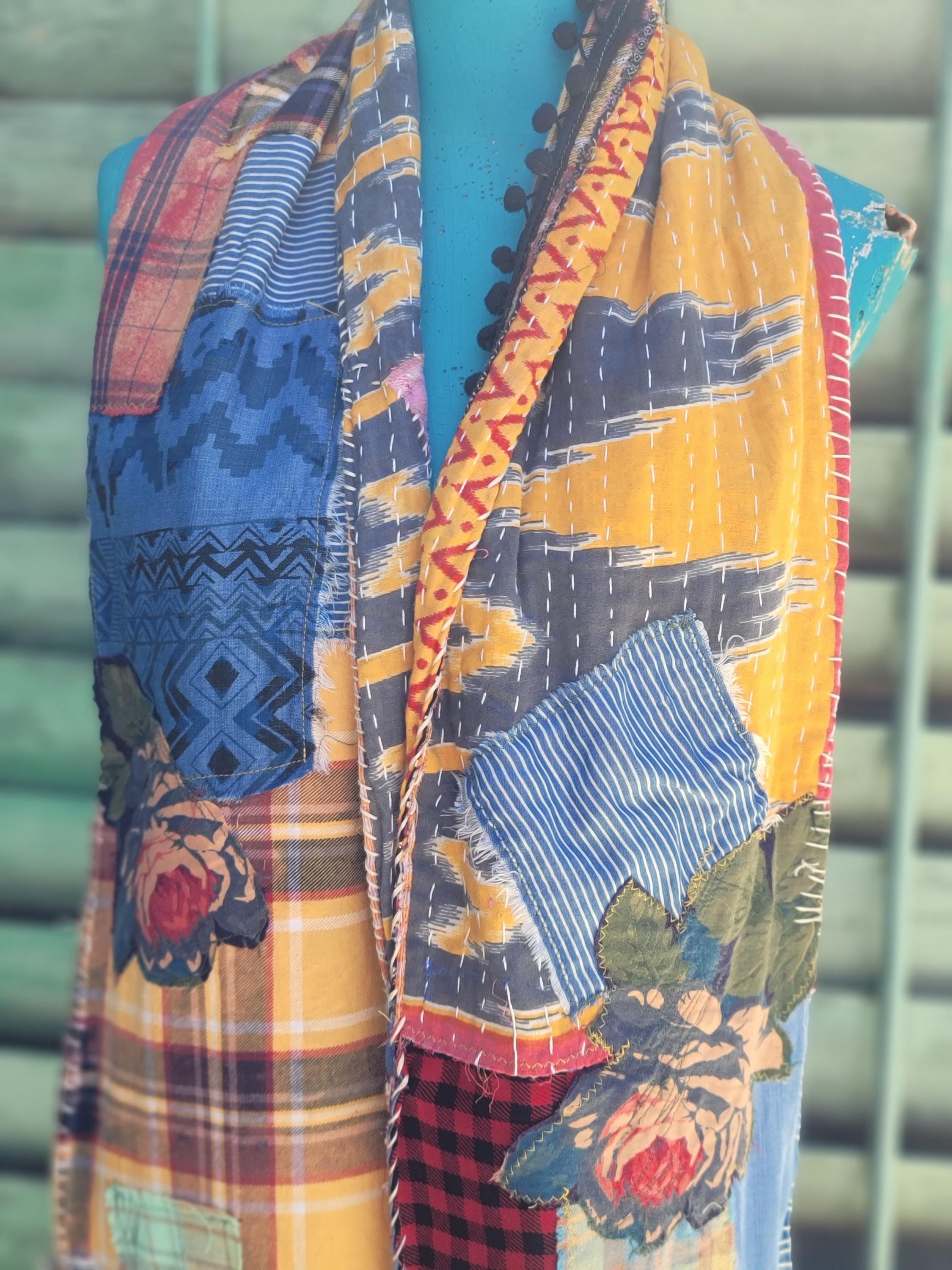 Handmade Patchwork Flannel Scarf: Embroidered Boho Shawl - Etsy