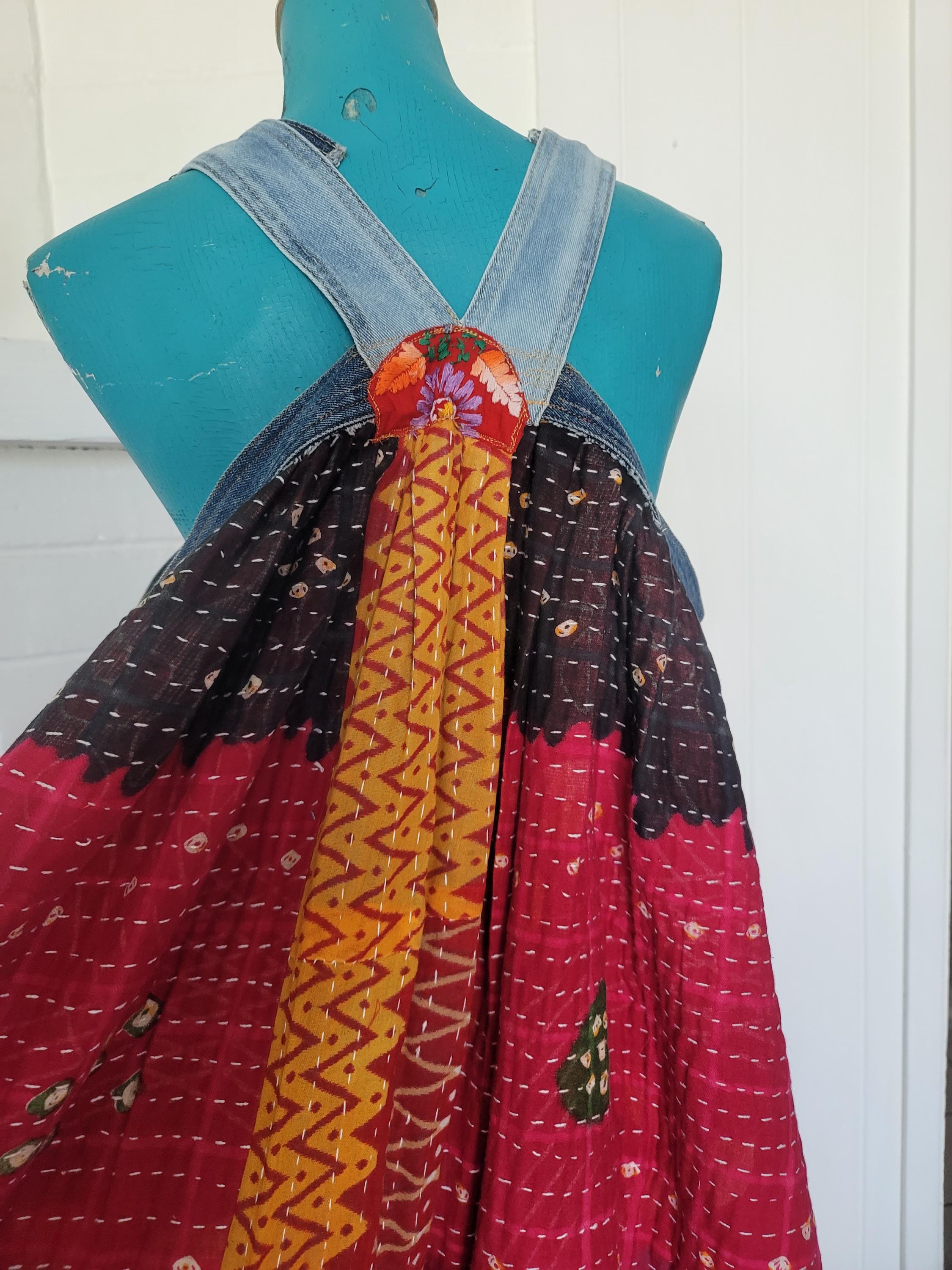 Upcycled Kantha Overalls Dress: Handmade Hippie Denim Maxi - Etsy
