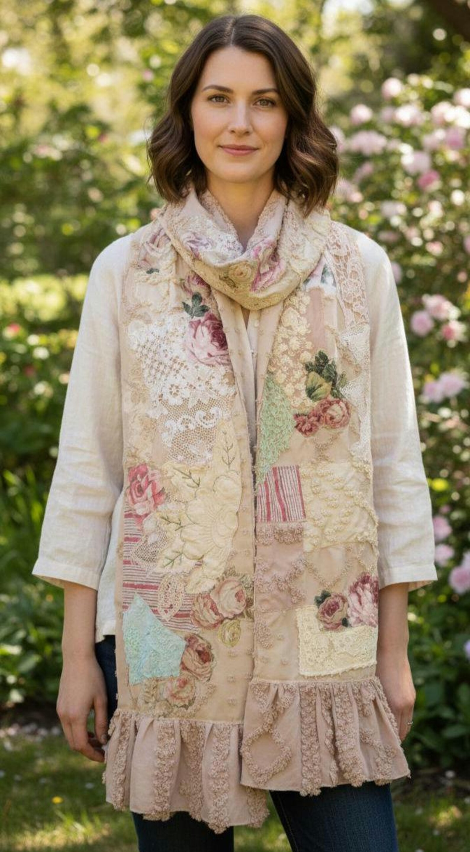 Handmade Patchwork Scarf, Shabby Chic Scarf, Embroidered Textured Scarf ...