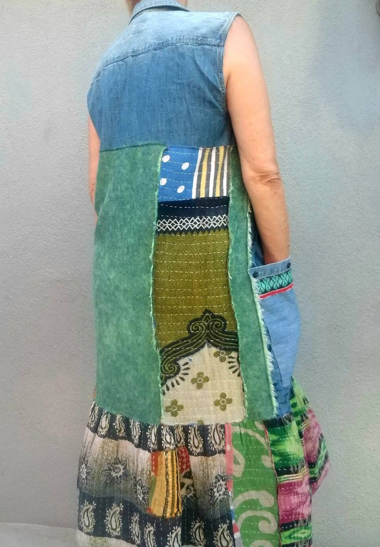 Upcycled Denim Patchwork Sun Dress: Vintage Kantha Quilt Boho Style - Etsy
