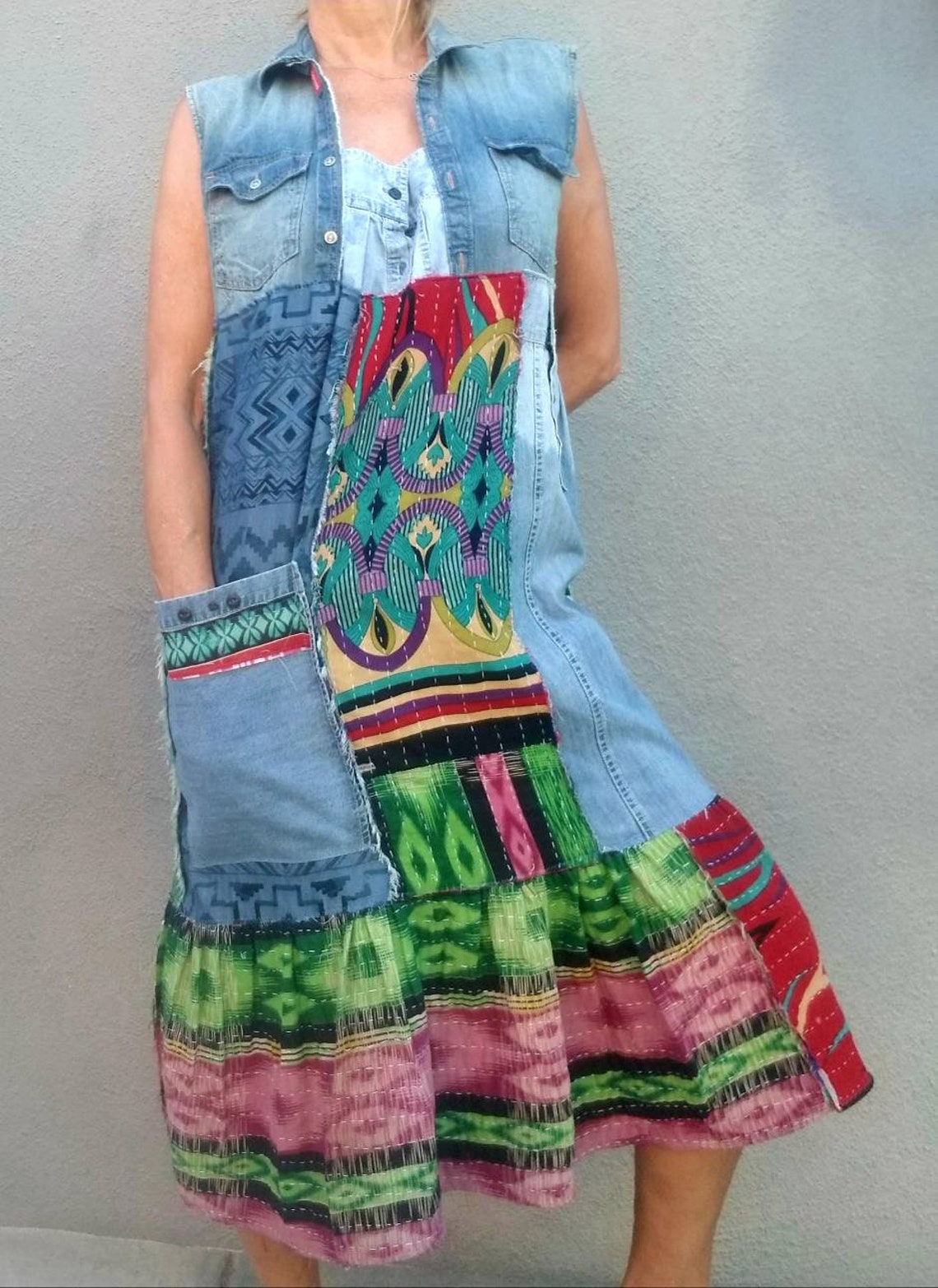Upcycled Denim Patchwork Sun Dress: Vintage Kantha Quilt Boho Style - Etsy
