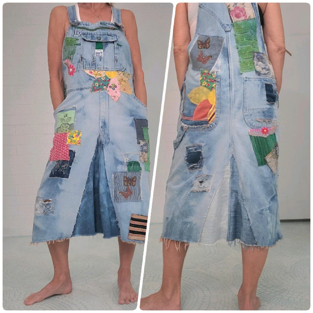 Denim Overalls Dress, Vintage Overalls Dress, Vintage Quilt Patches ...