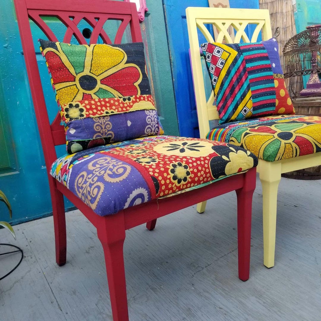 Whimsical Chairs Re-loved Custom Kantha Patchwork Wood Dining Chairs ...