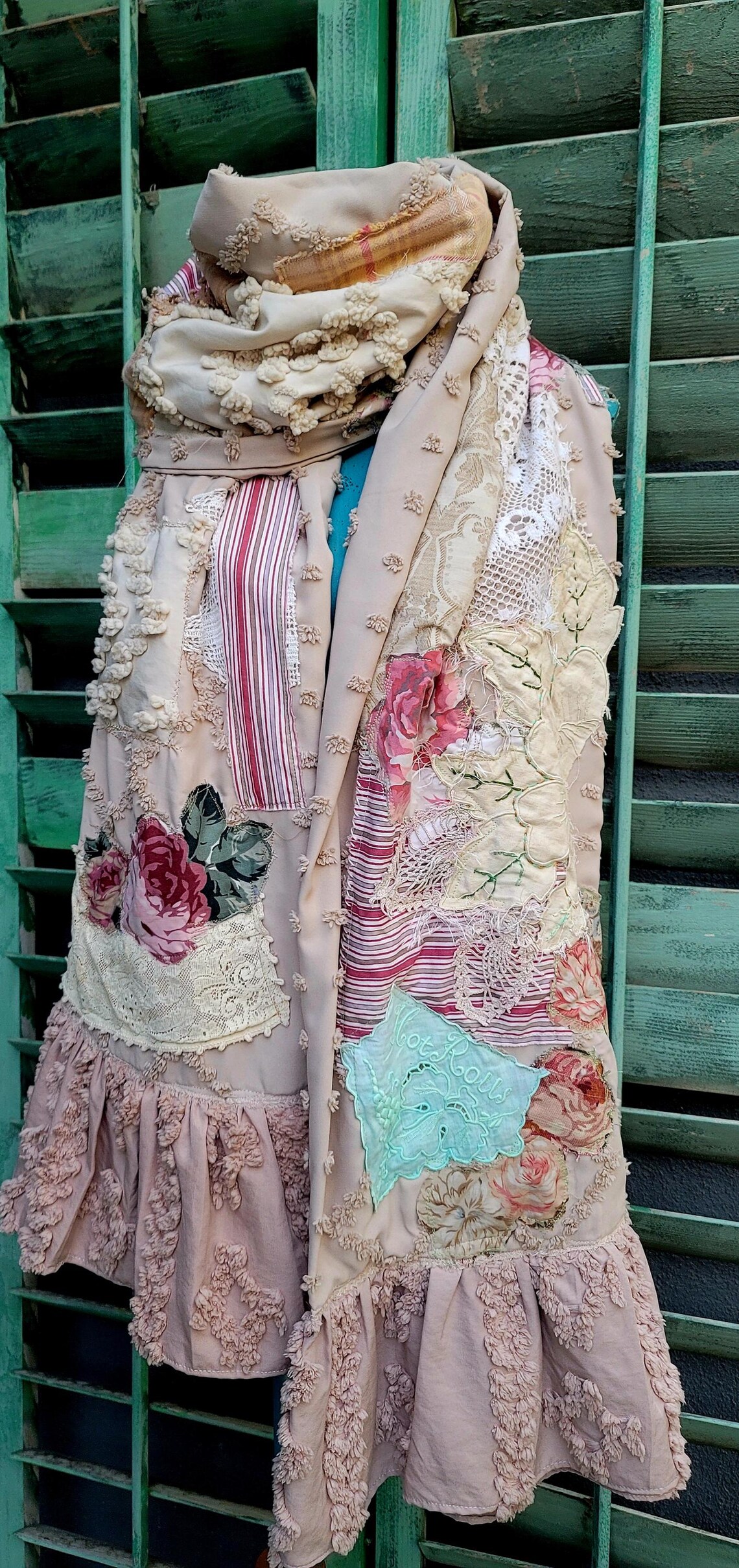 Handmade Patchwork Scarf, Shabby Chic Scarf, Embroidered Textured Scarf ...