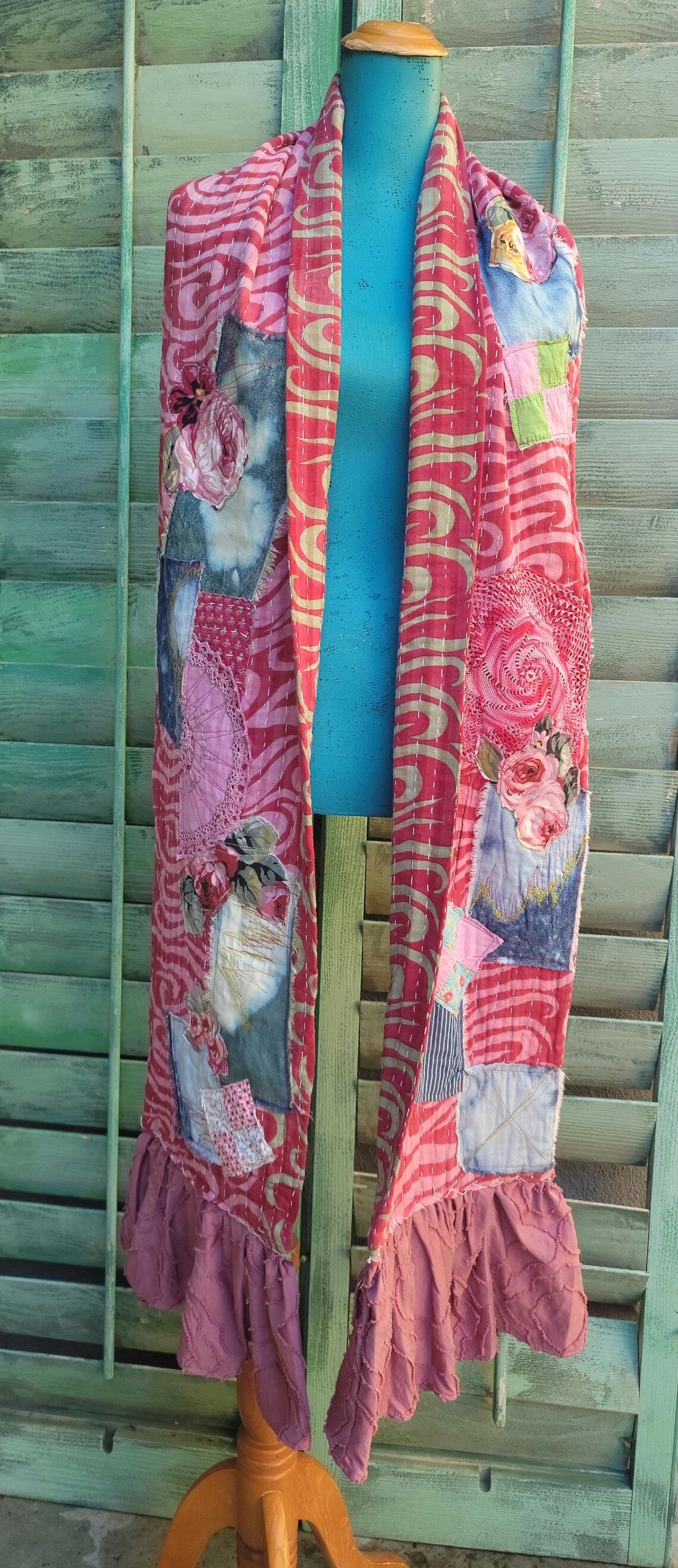 Kantha Patchwork Scarf: Upcycled Denim, Linen, Cotton Boho Shawl - Etsy