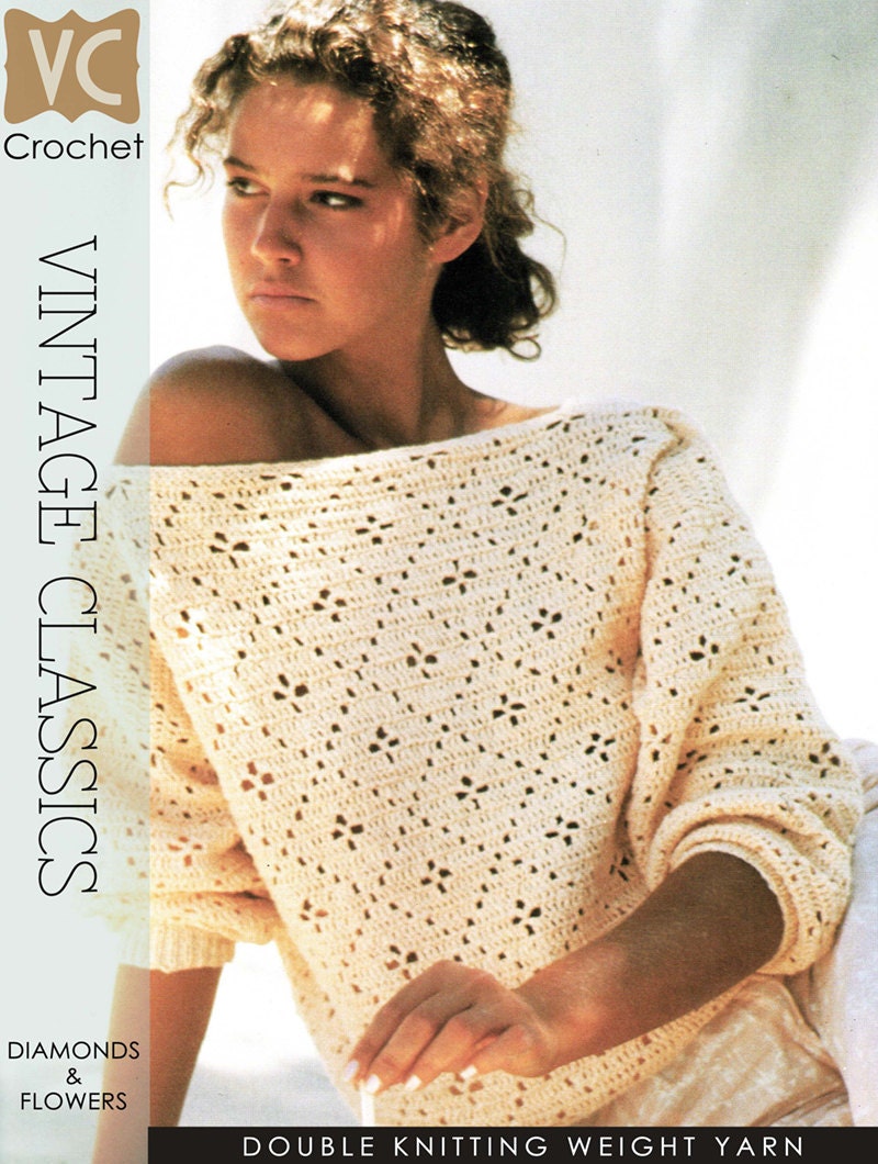 VINTAGE 80's CROCHET | Diamond Flowers Pullover | PDF Instant Upload ...