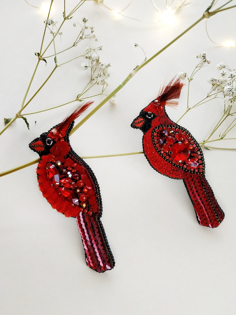 Red Cardinal Bird Brooch, Northern Cardinal Beadwork Embroidery ...