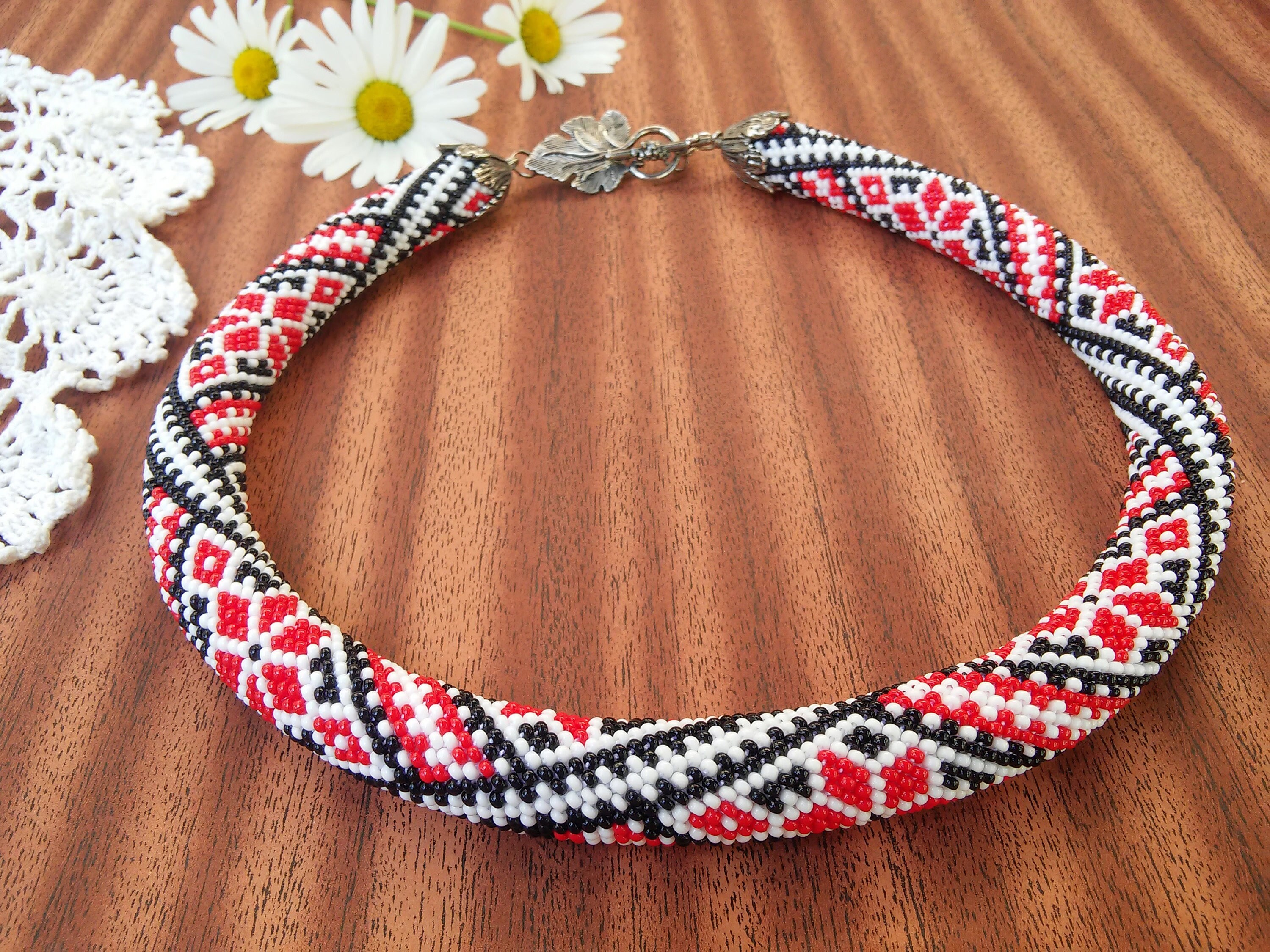 Ukrainian embroidery beadwork crochet rope necklace Native | Etsy