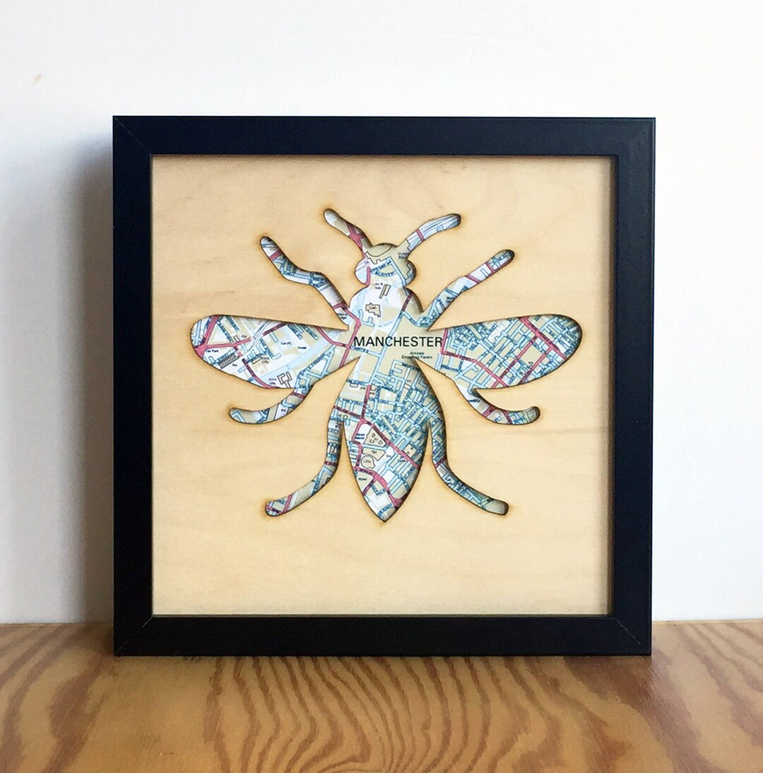 Manchester Bee Gift, Manchester Map Laser Cut Plywood Sign, Manchester ...