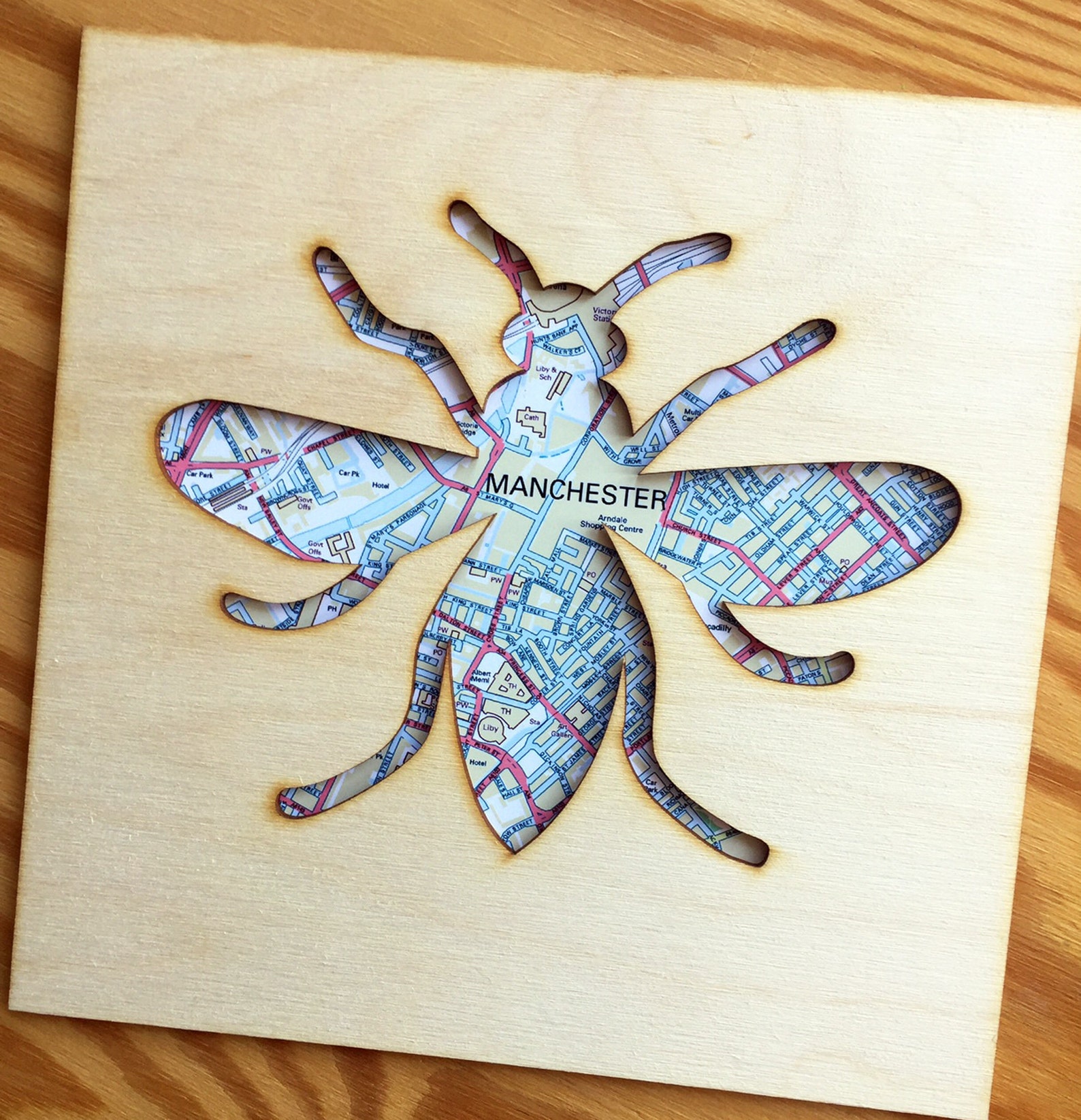 Manchester Bee Gift Manchester Map Laser Cut Plywood Sign - Etsy