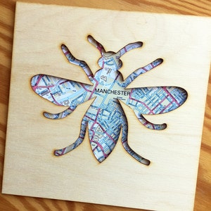 Manchester Bee Gift, Manchester Map Laser Cut Plywood Sign, Manchester ...