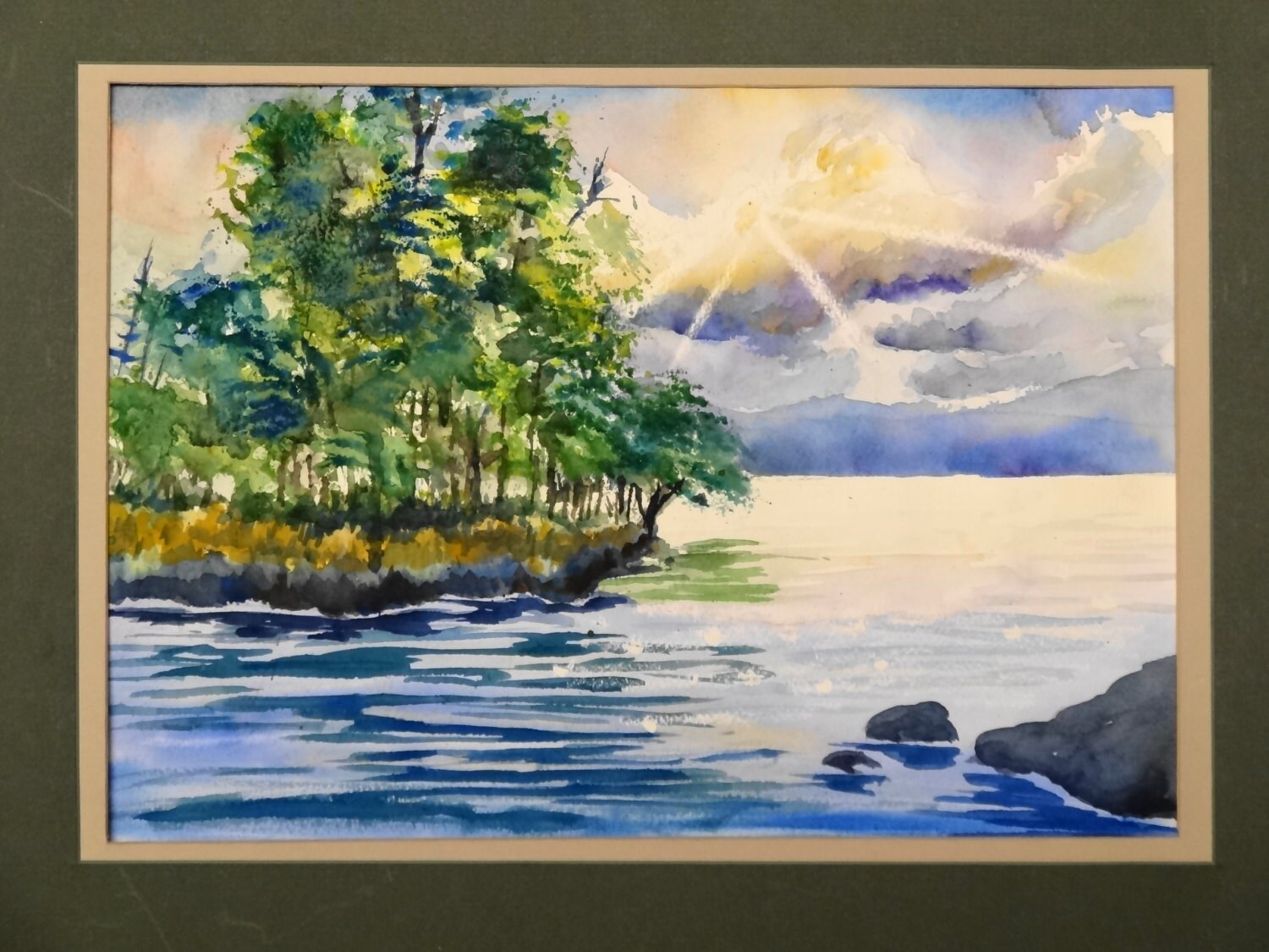 Lake Sunset Watercolor Painting - Champlain Lakeside Sky Water & Trees ...