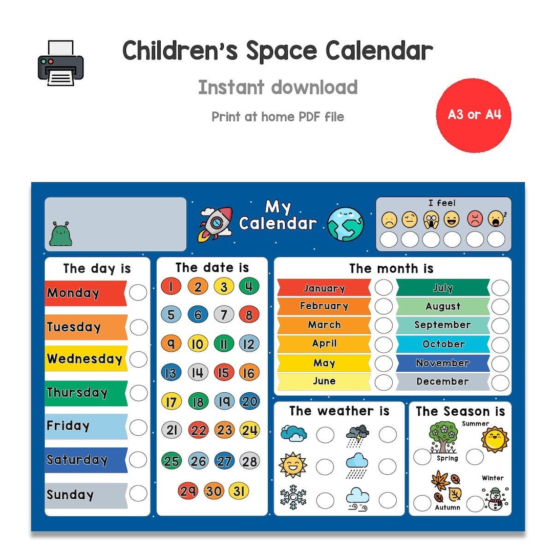 Kids Space Calendar, Digital Download, Childrens Calendar Printable ...