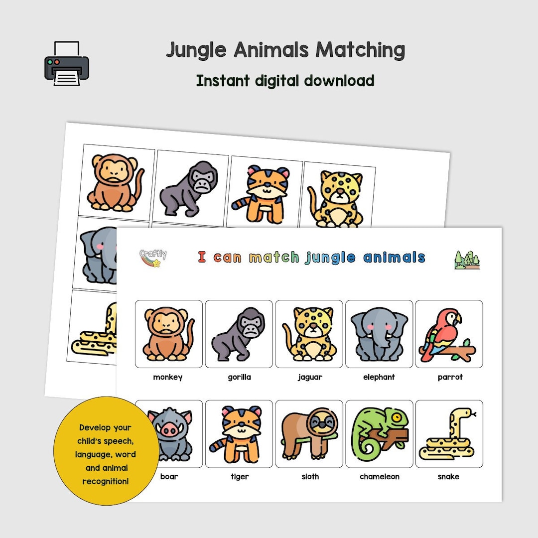 Matching Jungle Animals Toddler Activity, Digital Download Printable ...