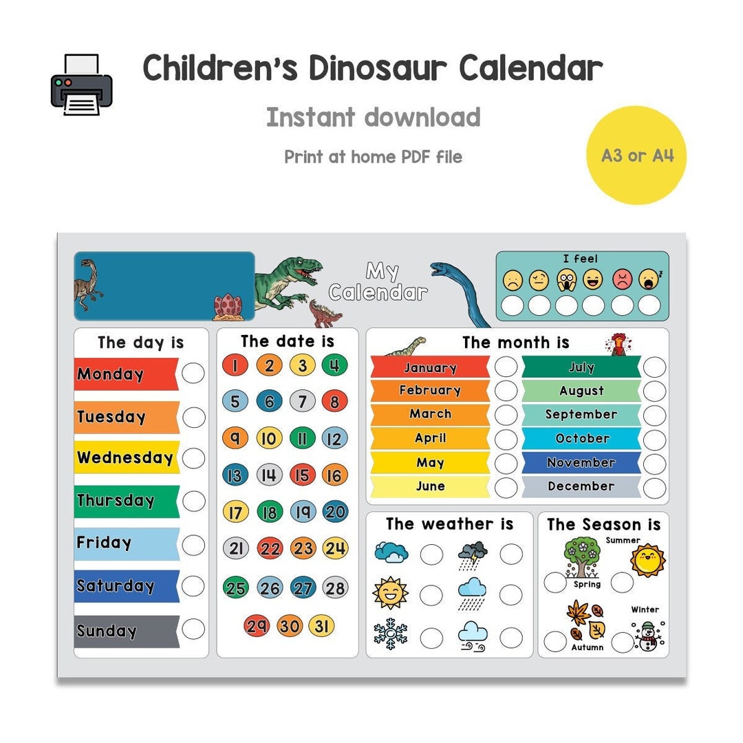 Dinosaur Printable for Kids, Childrens My First Calendar, Digital ...
