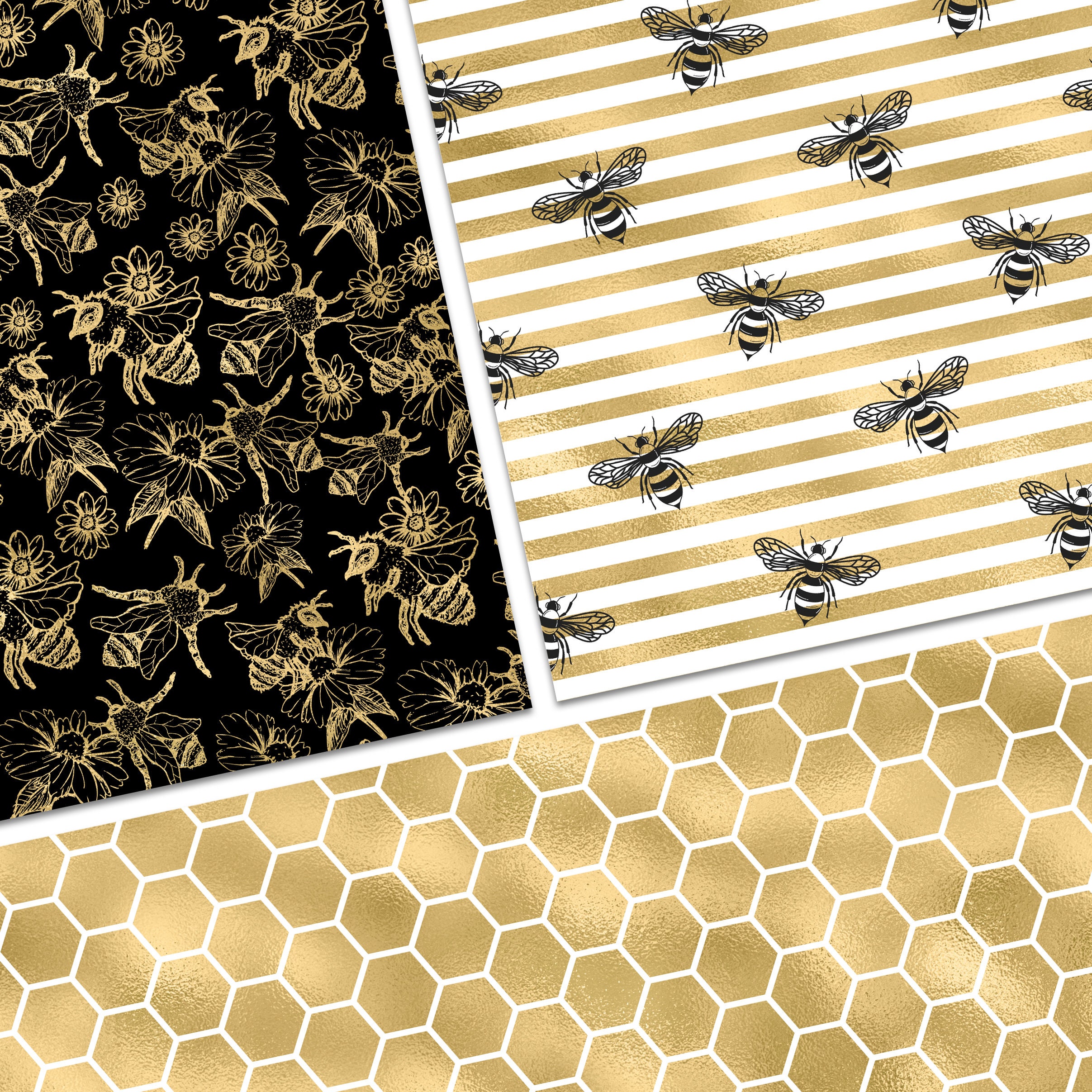 Honey Bee Digital Paper Seamless Pattern Bee Scrapbook Paper Black and ...