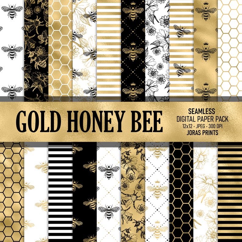 Honey Bee Digital Paper Seamless Pattern Bee Scrapbook Paper Black and ...