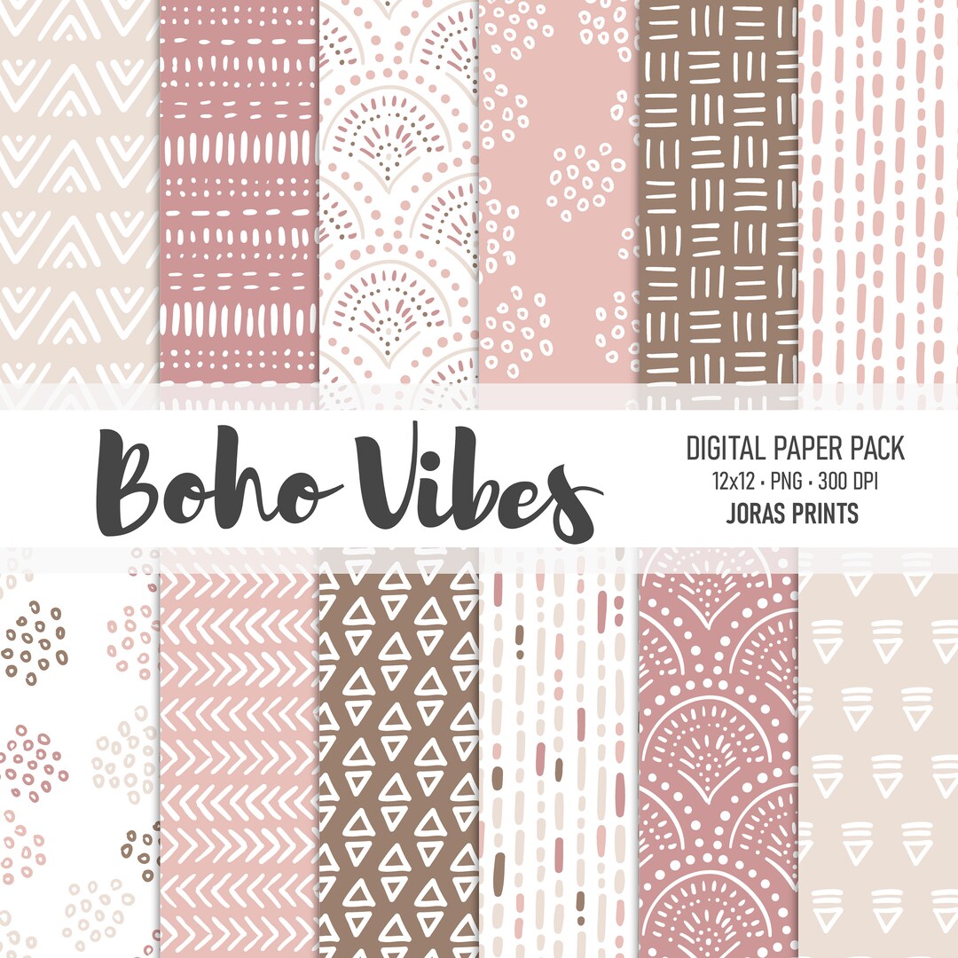 Boho Digital Paper, Doodles Scrapbook Paper, Hand Drawn Patterns, Junk ...