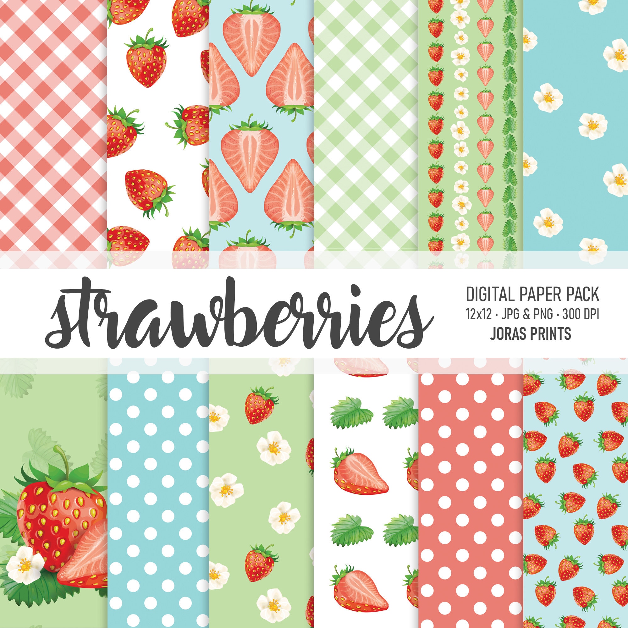 Strawberry Digital Paper Printable Scrapbook Paper Strawberry Floral ...