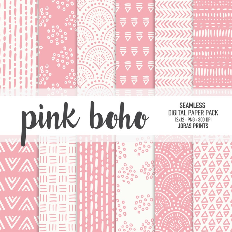 Pink Boho Digital Paper Seamless Patterns Boho Hand Drawn Scrapbook ...