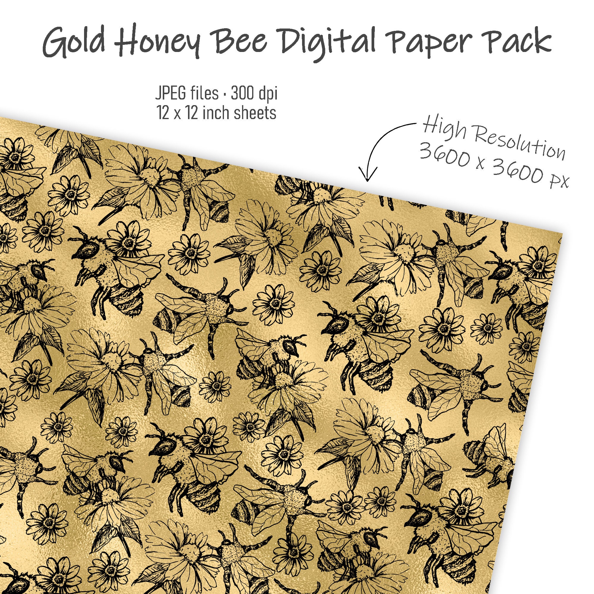 Honey Bee Digital Paper Seamless Pattern Bee Scrapbook Paper Black and ...