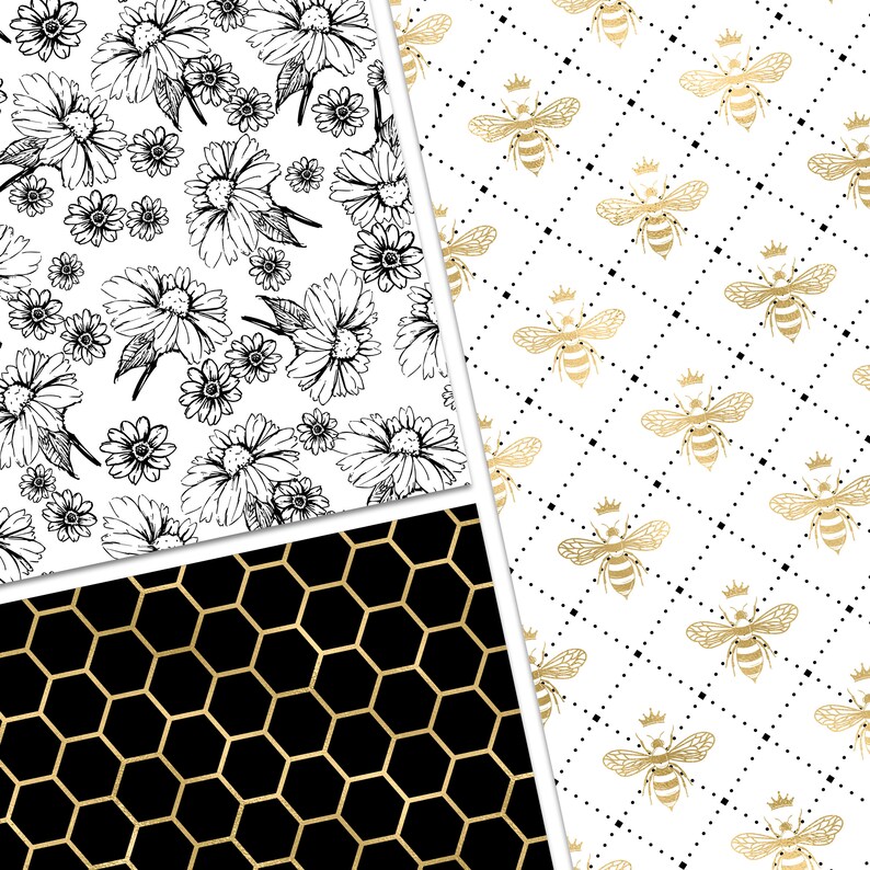 Honey Bee Digital Paper Seamless Pattern Bee Scrapbook Paper Black and ...