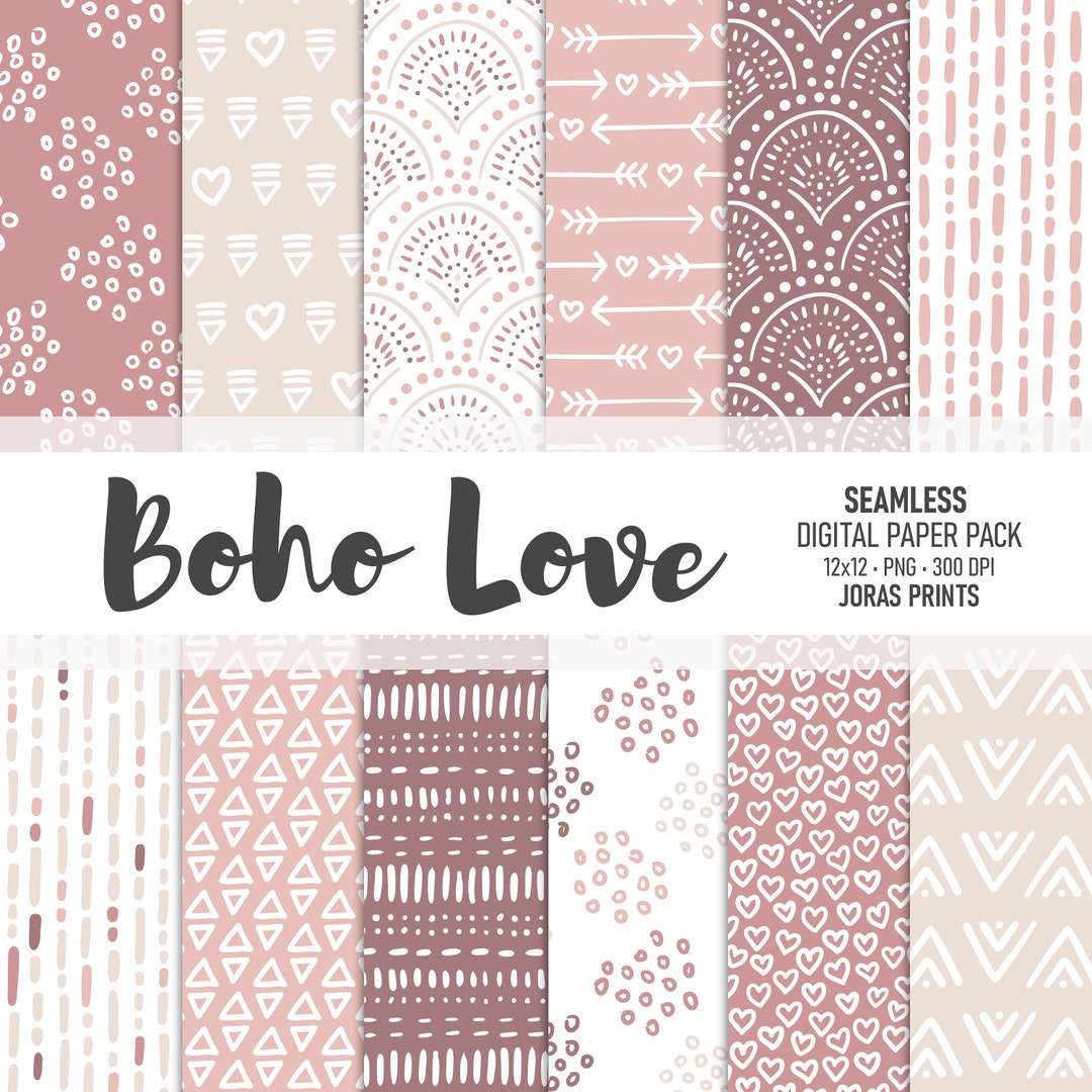 Valentine Digital Paper Boho Scrapbook Paper Love Heart Paper Hand ...
