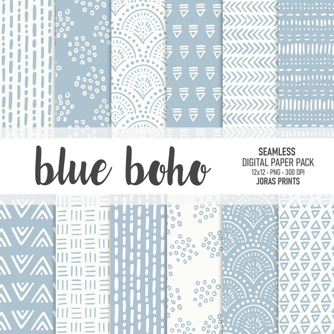 Blue Boho Digital Paper Seamless Patterns Boho Hand Drawn Scrapbook ...