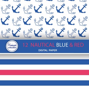 SALE 12 Nautical Blue & Red Digital Paper Backgrounds for Graphic ...