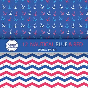 SALE 12 Nautical Blue & Red Digital Paper Backgrounds for Graphic ...