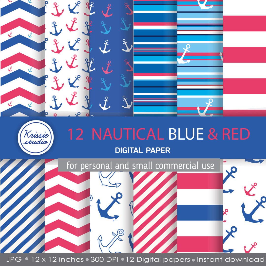 SALE 12 Nautical Blue & Red Digital Paper Backgrounds for Graphic ...