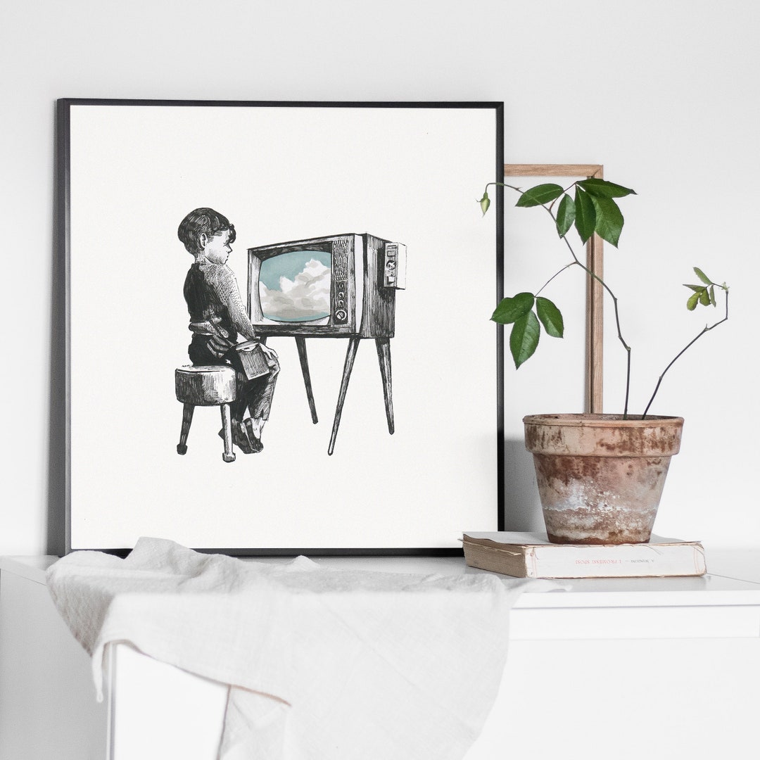 Boy Watching TV Print, Home Decor Print, Bedroom, Art for Walls, Movie ...