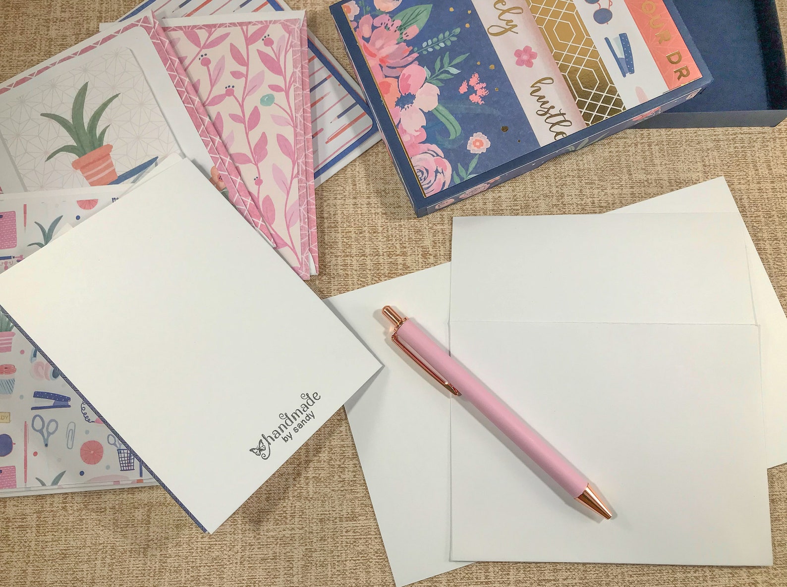 Handmade Boxed Note Cards Assortment of 8 Blue Pink Floral | Etsy