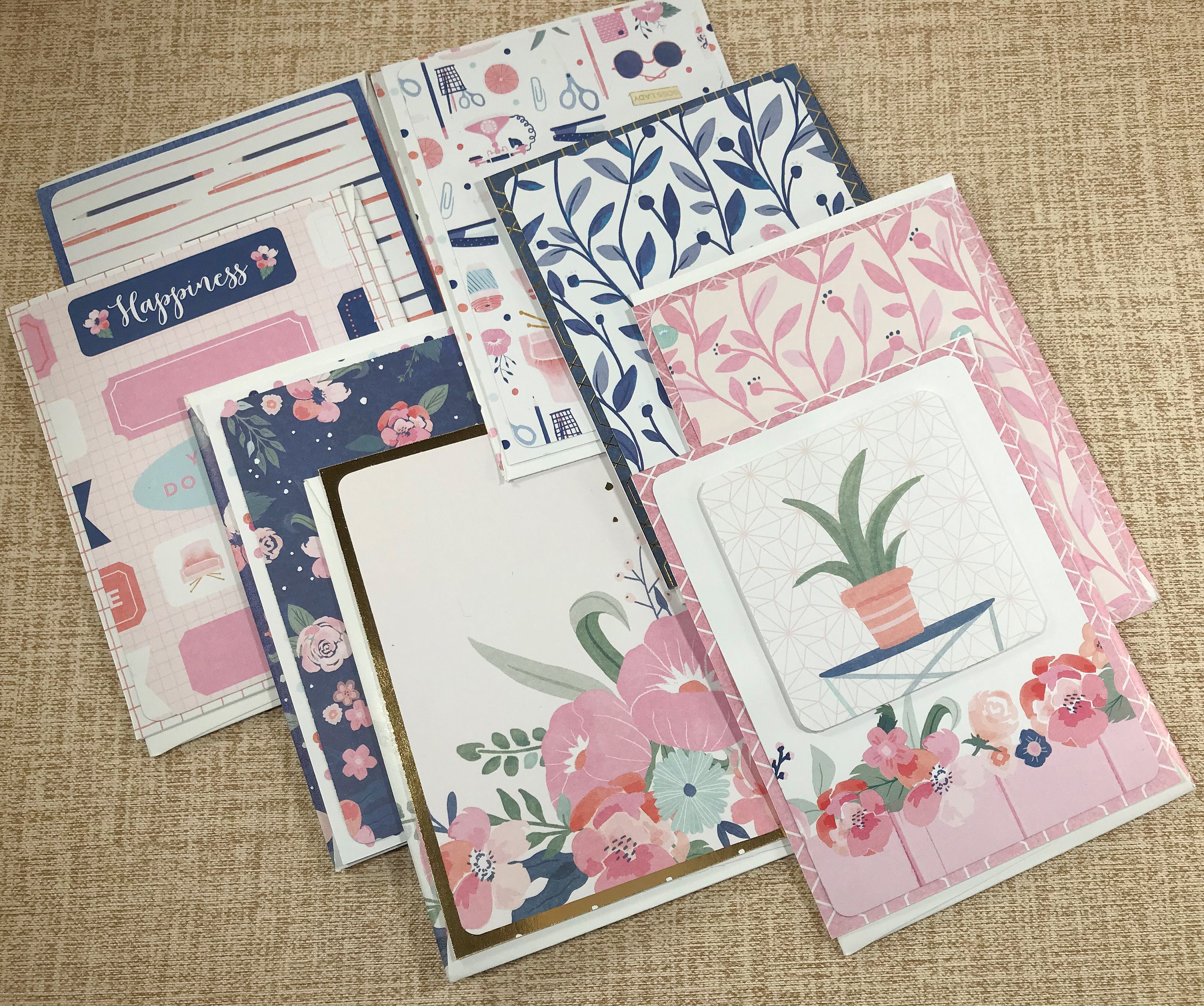 Handmade Boxed Note Cards Assortment of 8 Blue Pink Floral | Etsy
