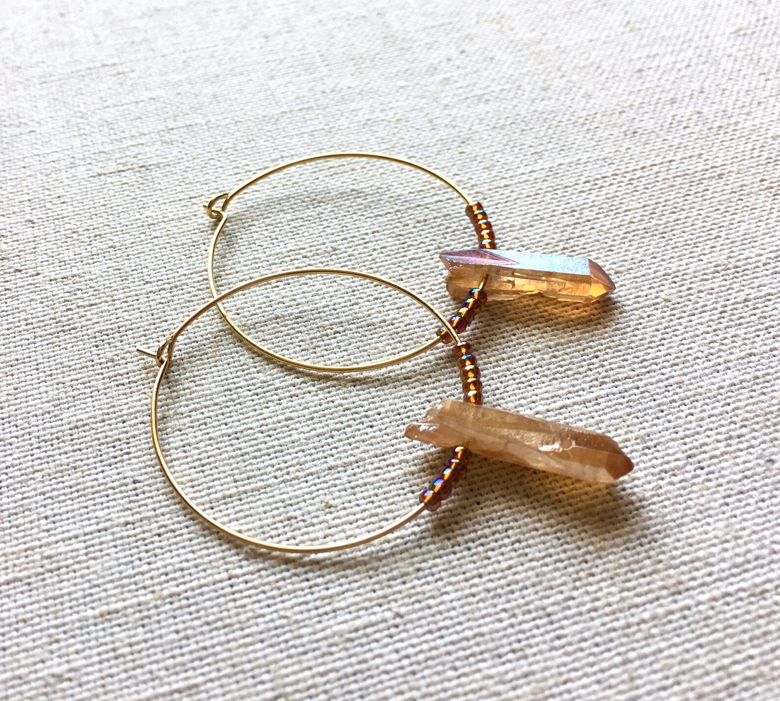 Peach and Gold Boho Hoops Raw Crystal Points With Seed Beads | Etsy
