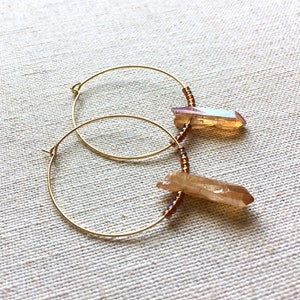 Peach and Gold Boho Hoops Raw Crystal Points With Seed Beads - Etsy