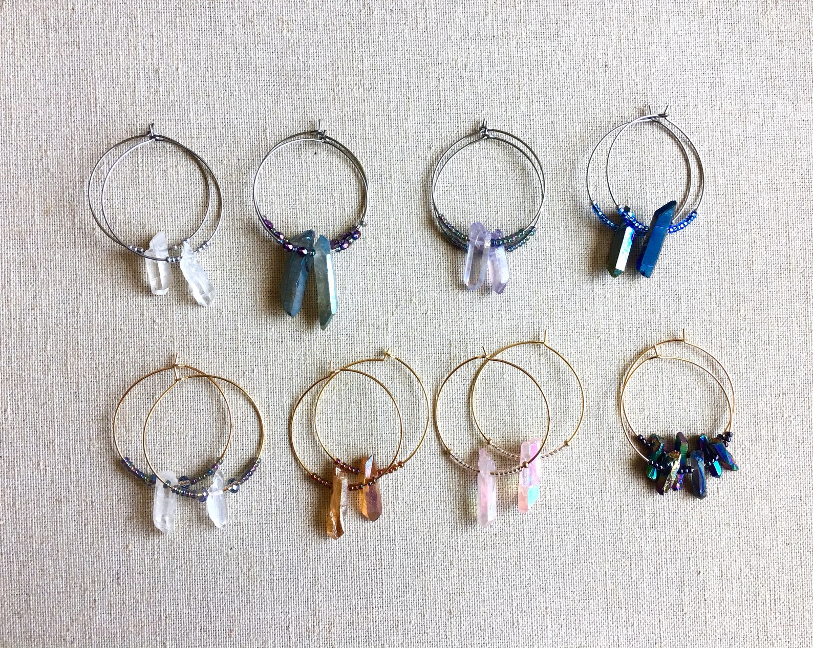 Peach and Gold Boho Hoops Raw Crystal Points With Seed Beads | Etsy