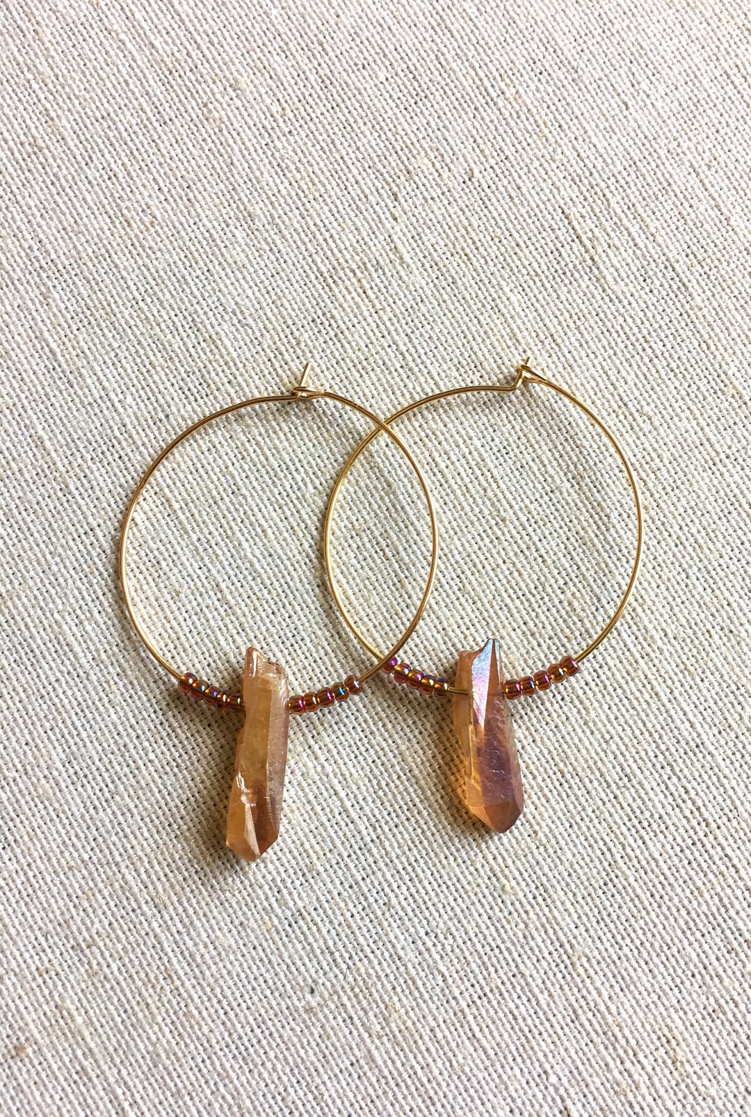 Peach and Gold Boho Hoops Raw Crystal Points With Seed Beads - Etsy